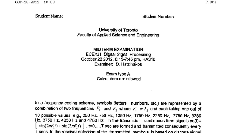 ECE431 Midterm Exam Solutions - Digital Signal Processing 2012 - Studocu