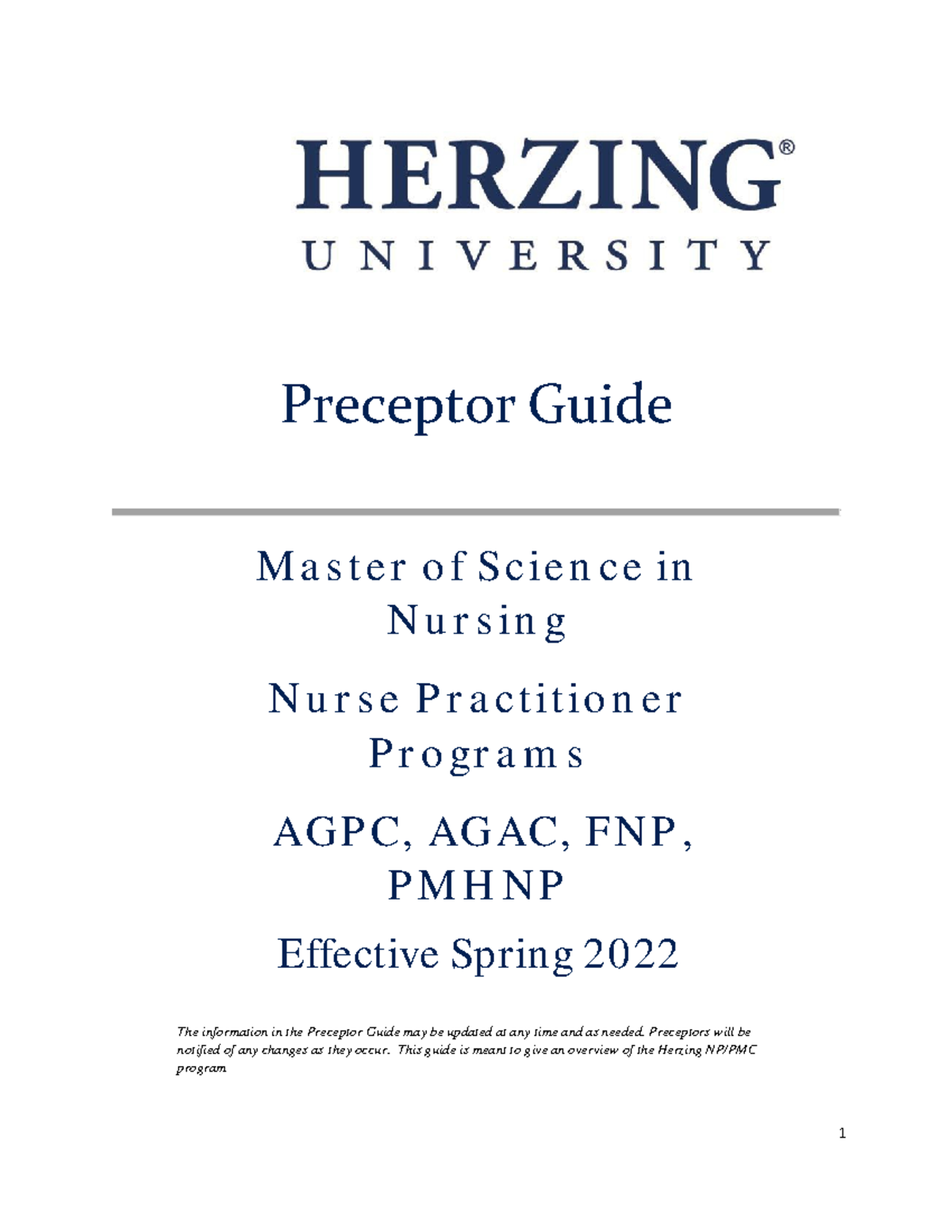 NP Preceptor Guide FNP AGPC AGAC Pmhnp- 2022 - Preceptor Guide Mas te r o f Scie n ce in N u rs ...