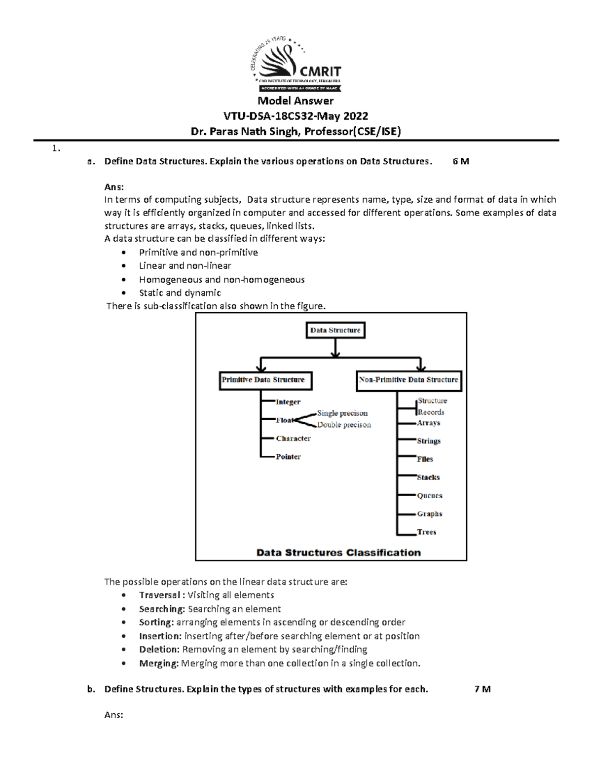 VTU-DSA-18CS32 May 2022 Exam Solutions by Dr. Paras Nath Singh - Studocu