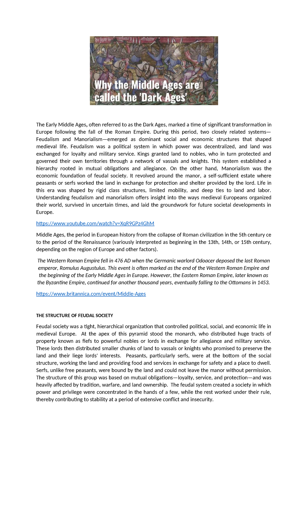 Feudalism and Manorialism in the Early Middle Ages (HIST 101) - Studocu