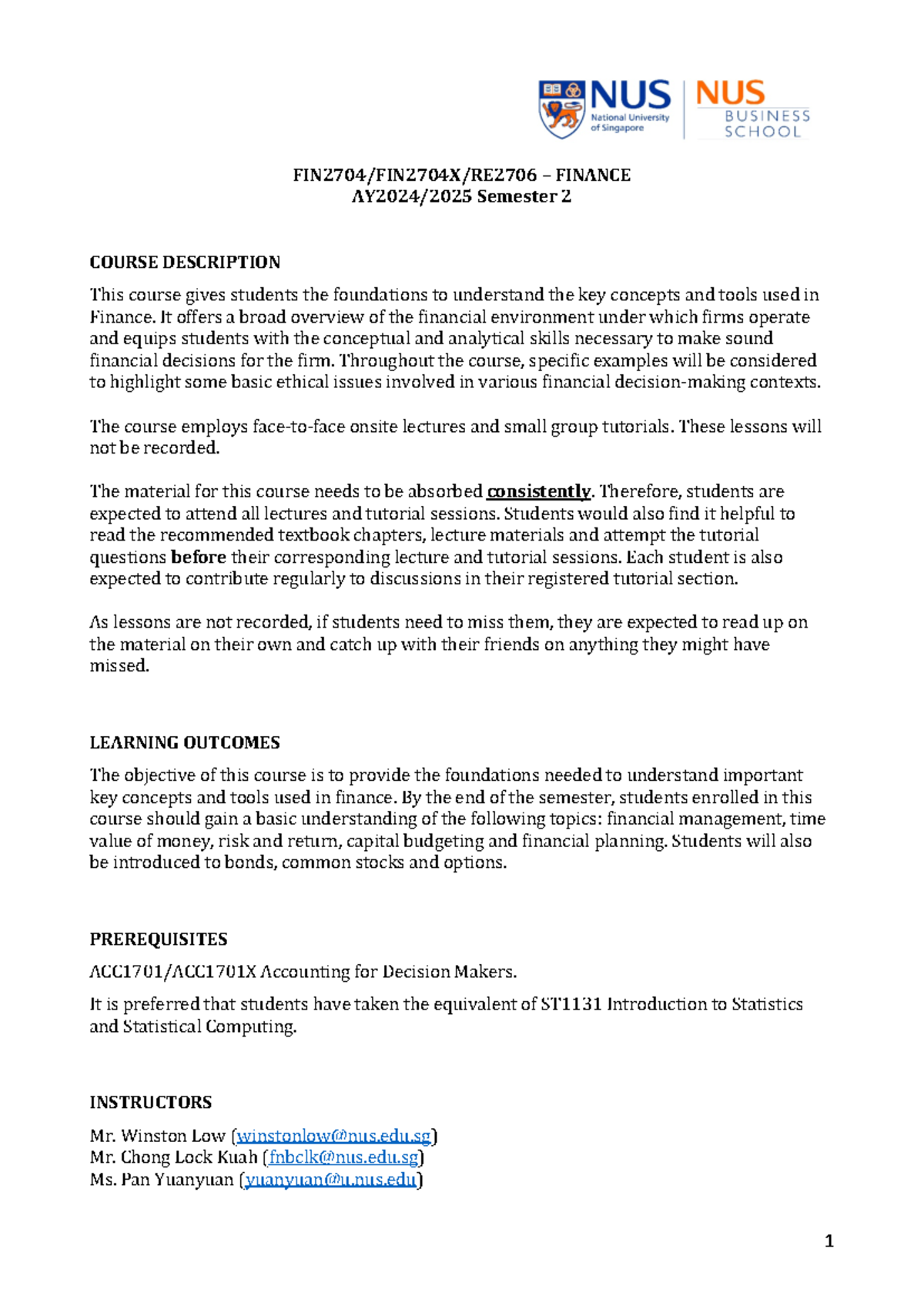 FIN2704/RE2706 AY2024 Finance Course Outline for Sem 2 - Studocu