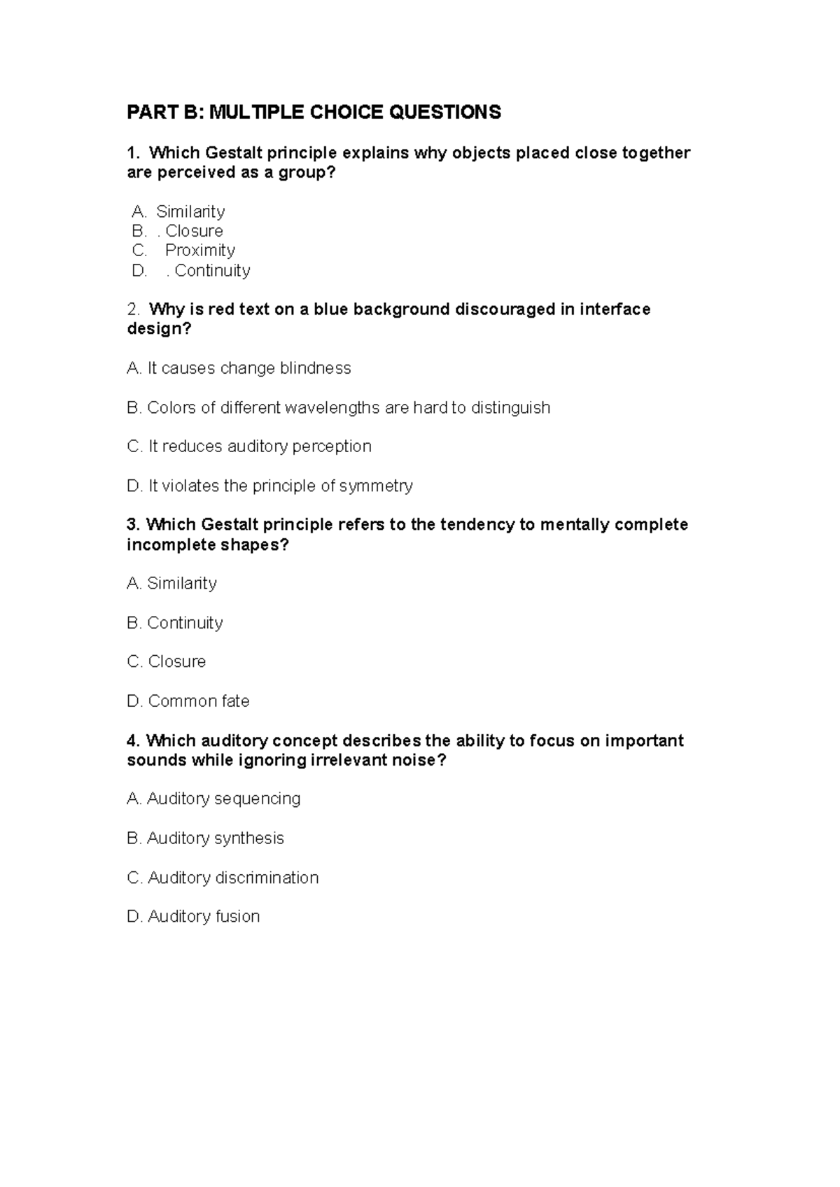 PART B: MCQs on Gestalt Principles & HCI Concepts - Studocu