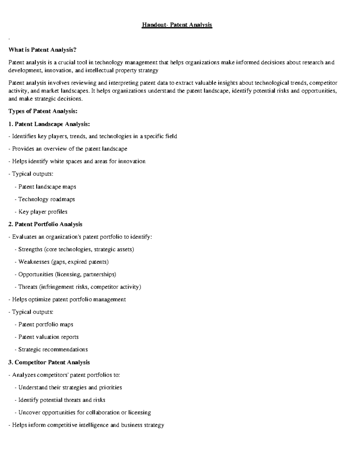 Patent Analysis Handout: Types, Techniques & Benefits - Studocu