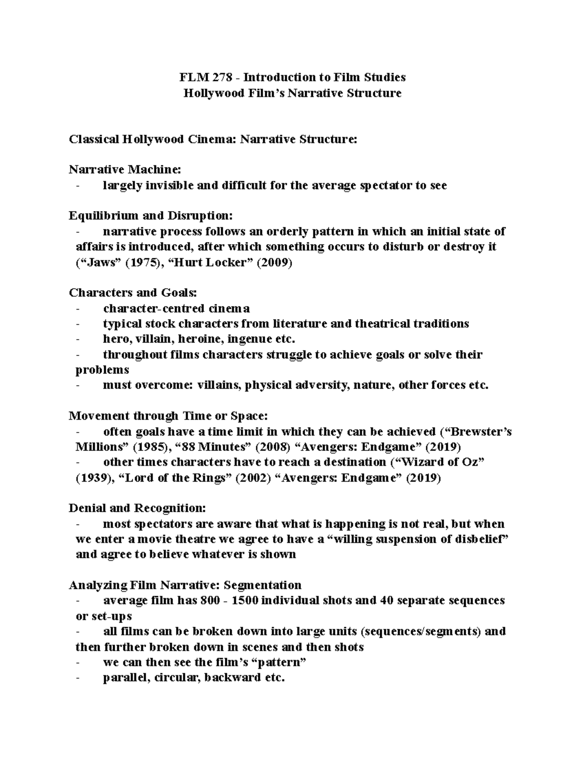 FLM 278 - Classical Hollywood Film Narrative Structure 2020 - Studocu