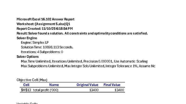 DAO 16.102 Assignment 5 - Excel Solver Report Analysis - Studocu