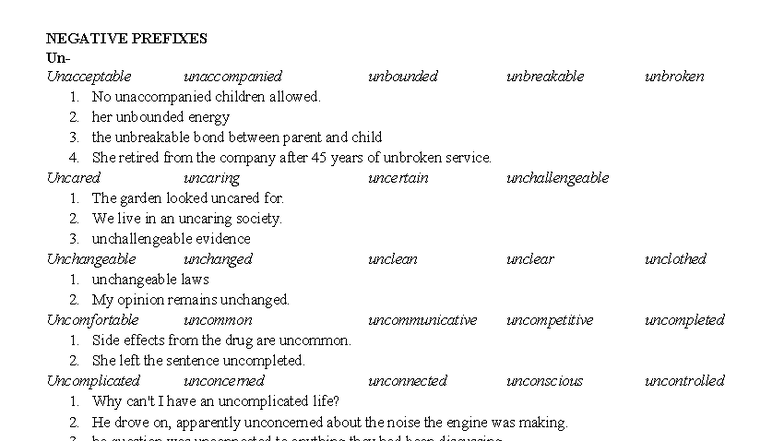 Negative Prefixes UN - Comprehensive Guide and Examples - Studocu