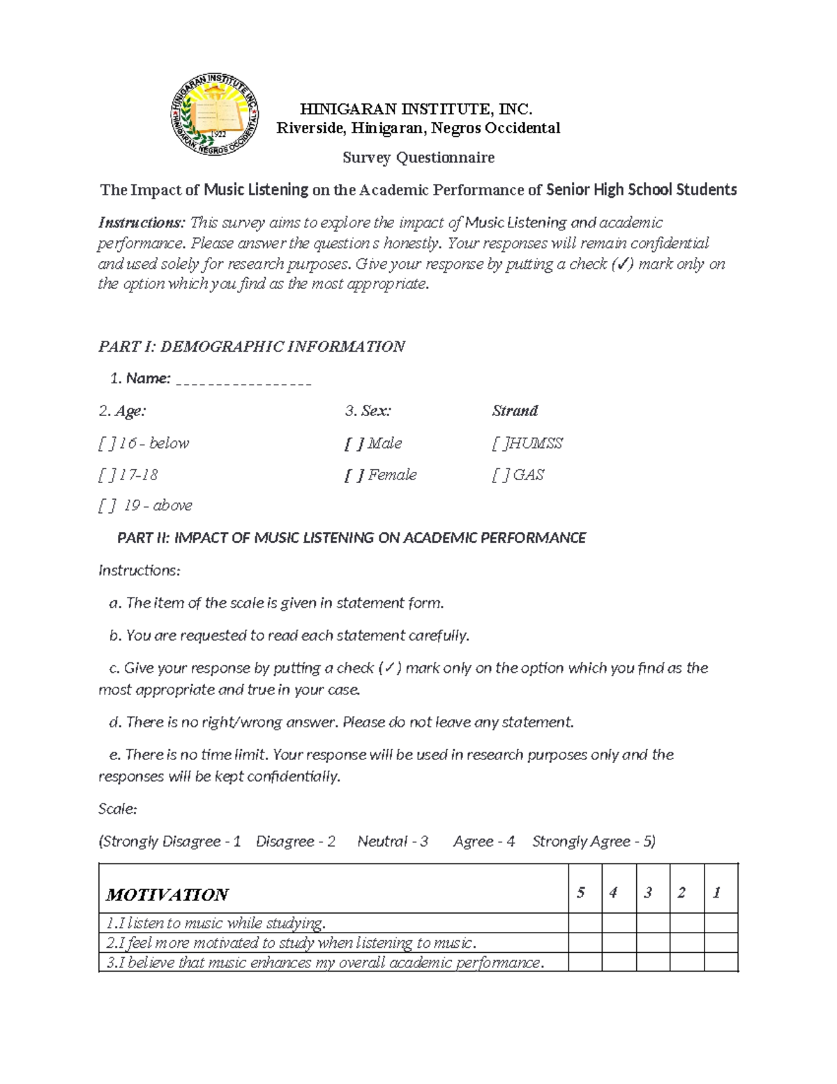 Resrep- Survey Questionnaire on Music & Academic Performance (PRE ...