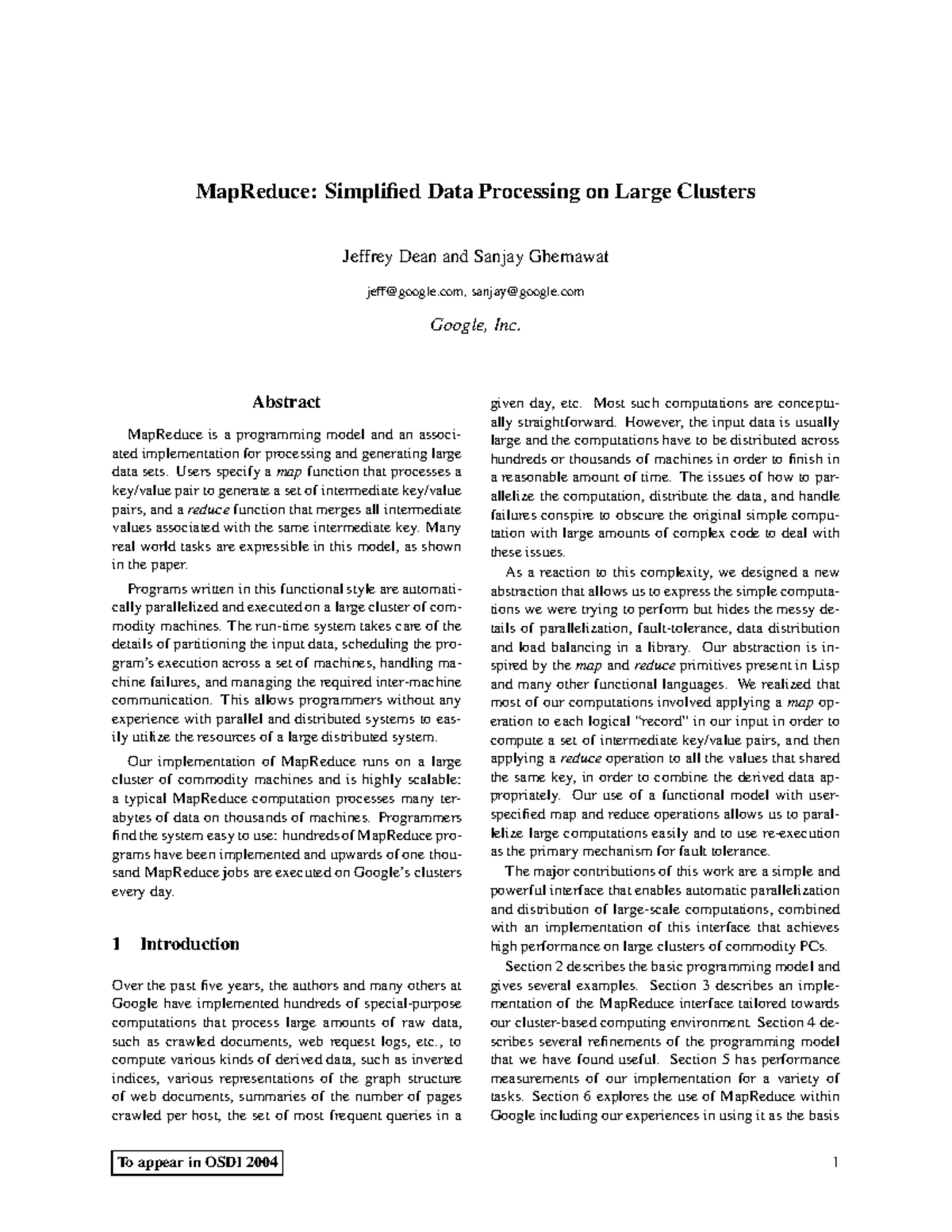 MapReduce: Simplified Data Processing on Large Clusters (OSDI 2004 ...