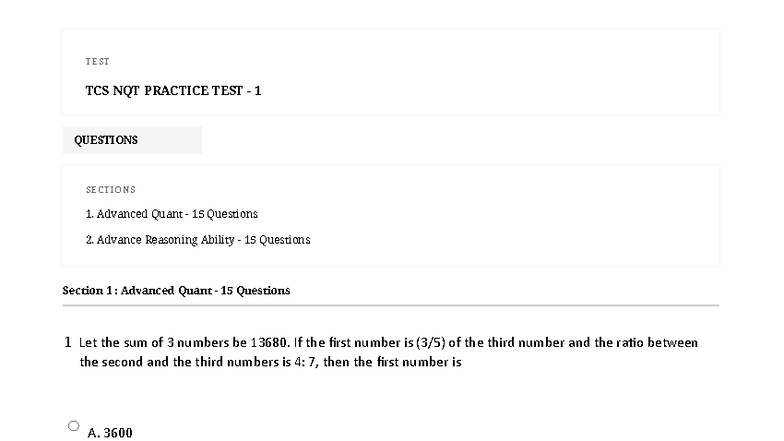 TCS NQT PRACTICE TEST 1: Advanced Quant & Reasoning Solutions - Studocu