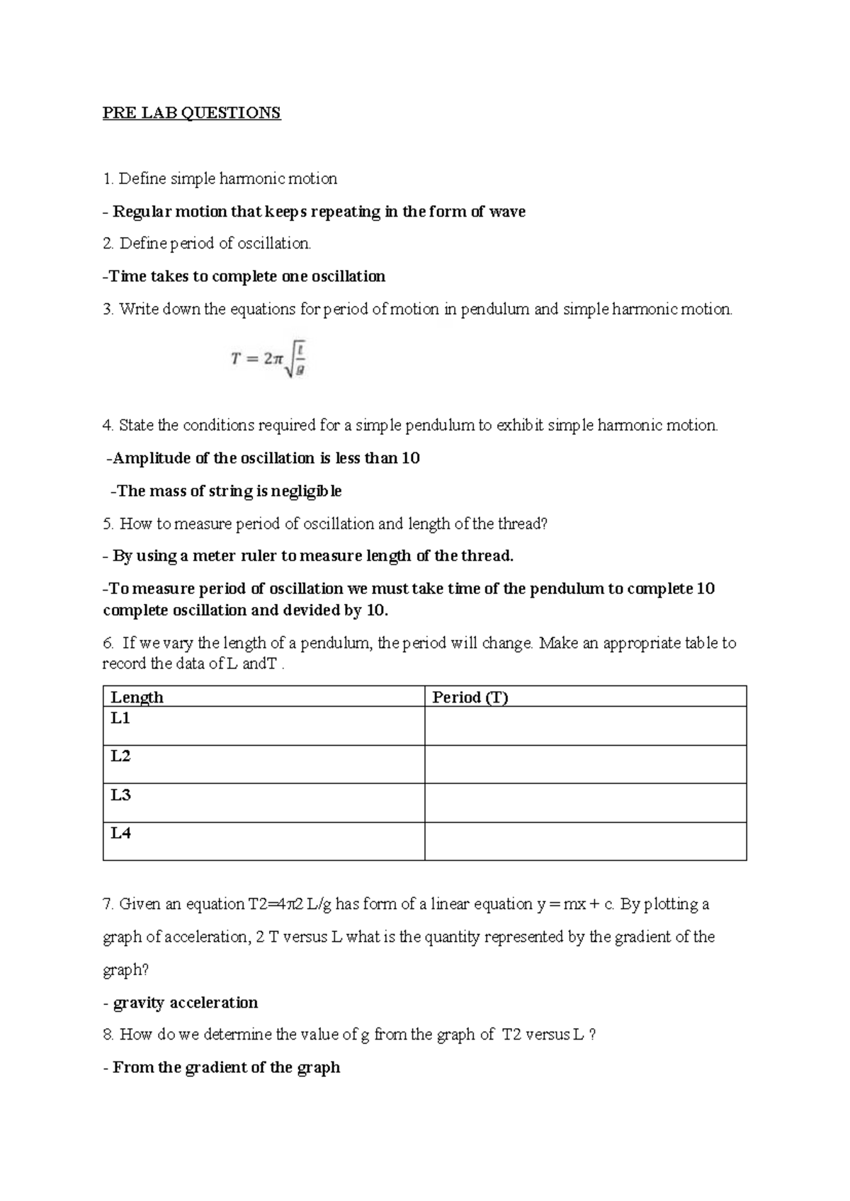 PHYS 101: Pre Lab Questions on Simple Harmonic Motion - Studocu
