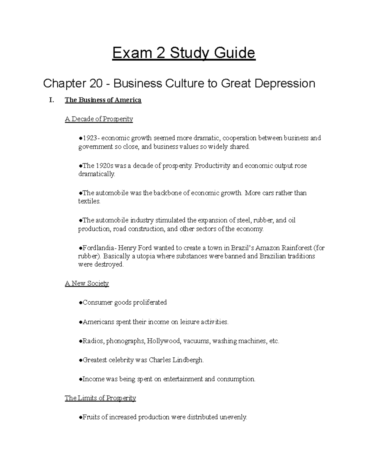 Exam 2 Study Guide: Chapters 20-23 Business Culture & the Great ...