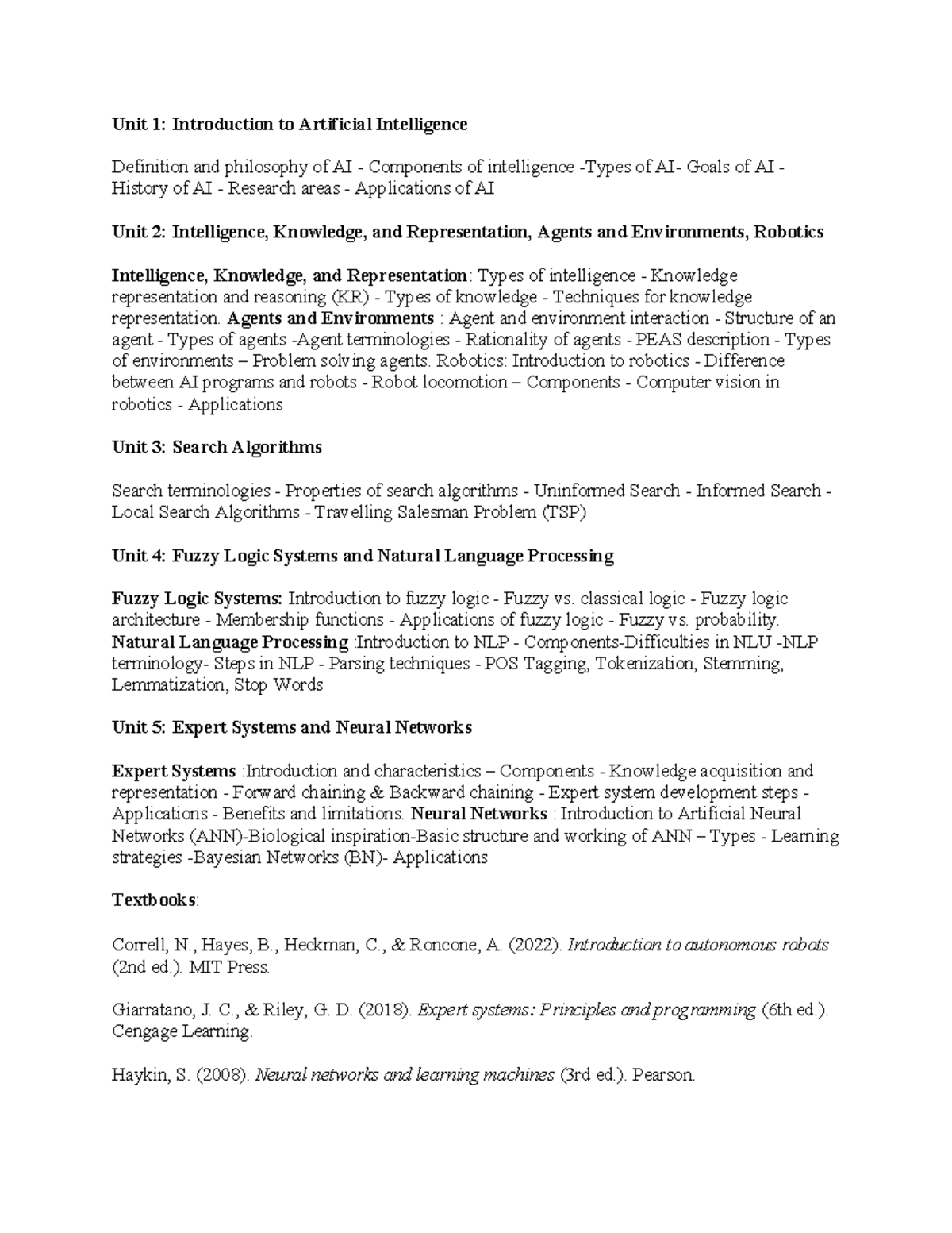 AI Syllabus: Introduction to AI, Search Algorithms, and More - Studocu