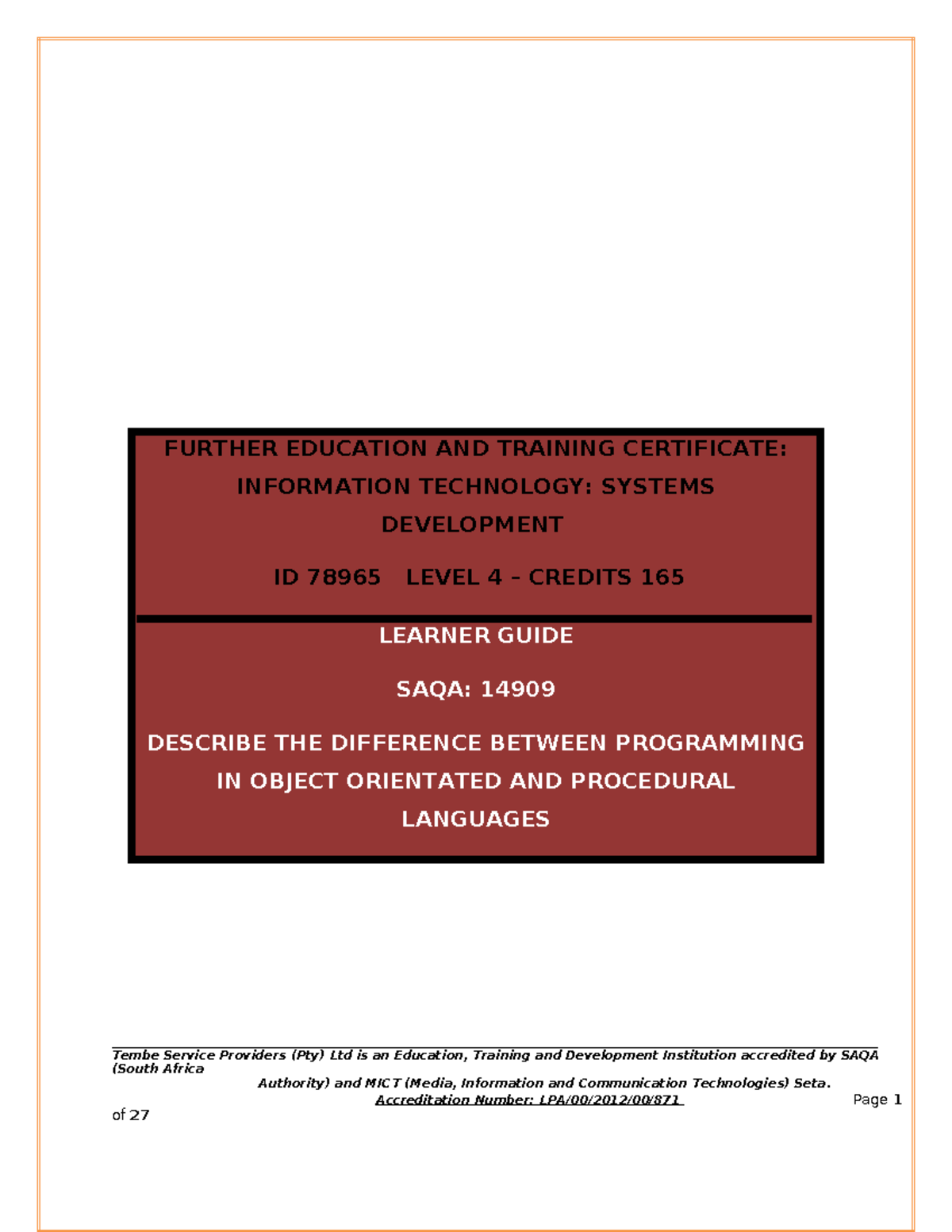 SAQA 14909 - Learner Guide: Object-Oriented vs Procedural Programming - Studocu