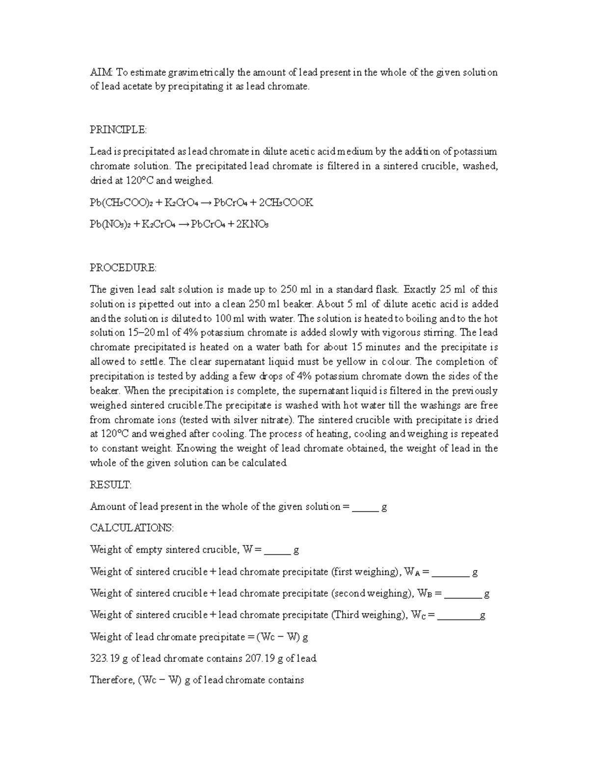 GA of Lead - Gravimetric Analysis of Lead Chromate Precipitation - Studocu