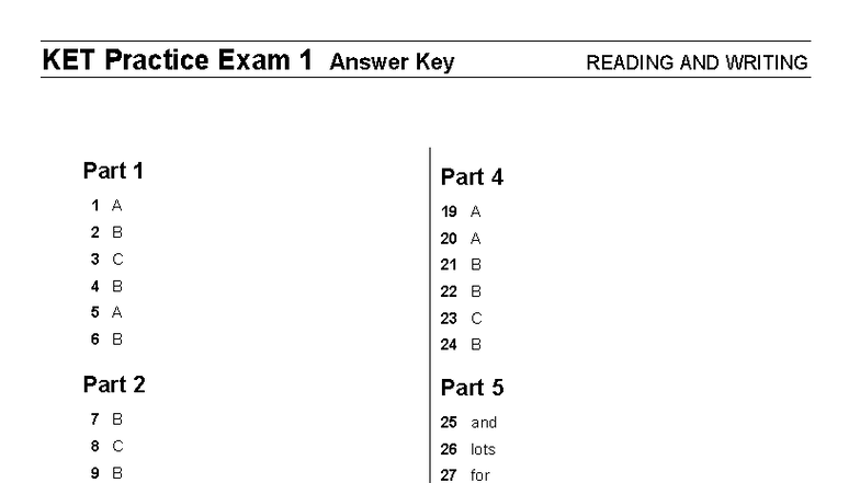 01 KET Practice Exam 1 Reading & Writing Answer Key - Studocu