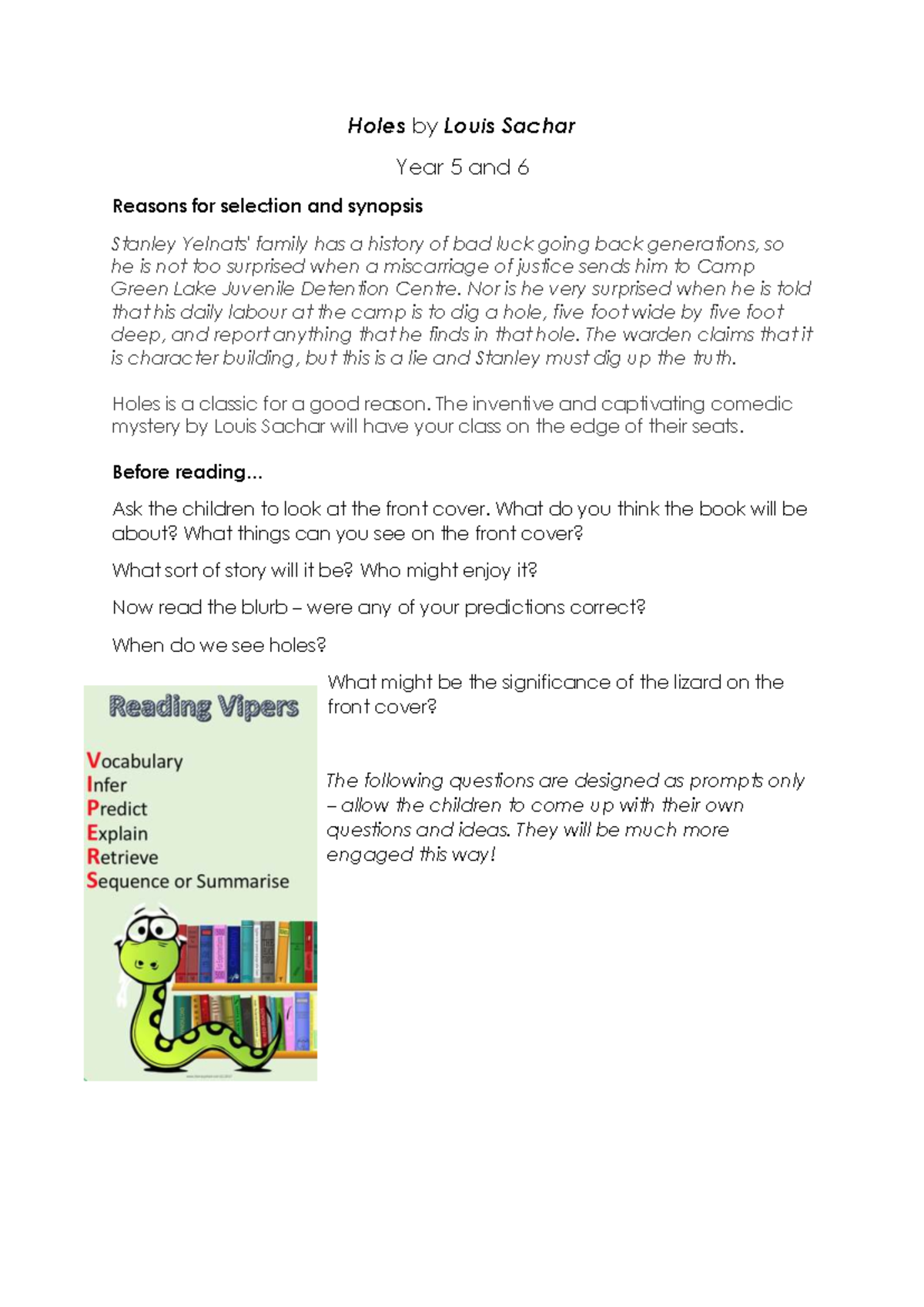 C4 Summer Term: Holes by Louis Sachar - Study Guide and Activities ...