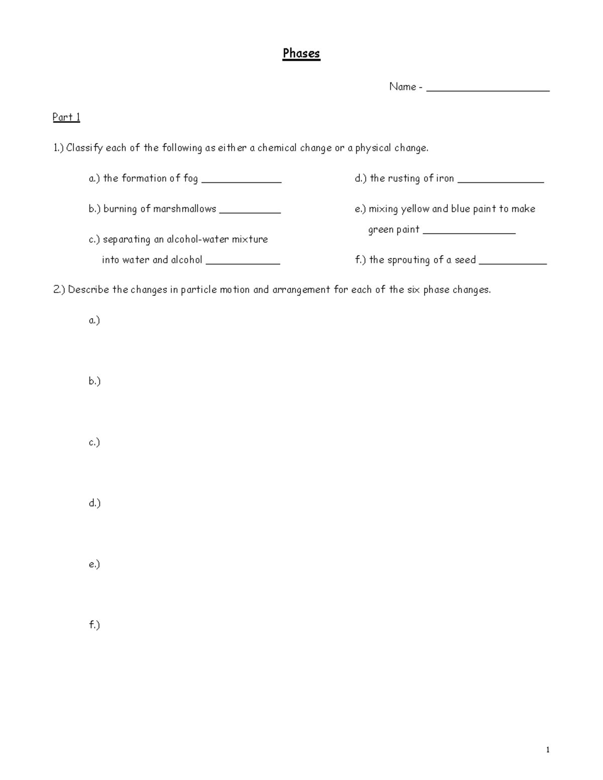 Worksheet - Phases: Chemical vs Physical Changes Analysis - Studocu