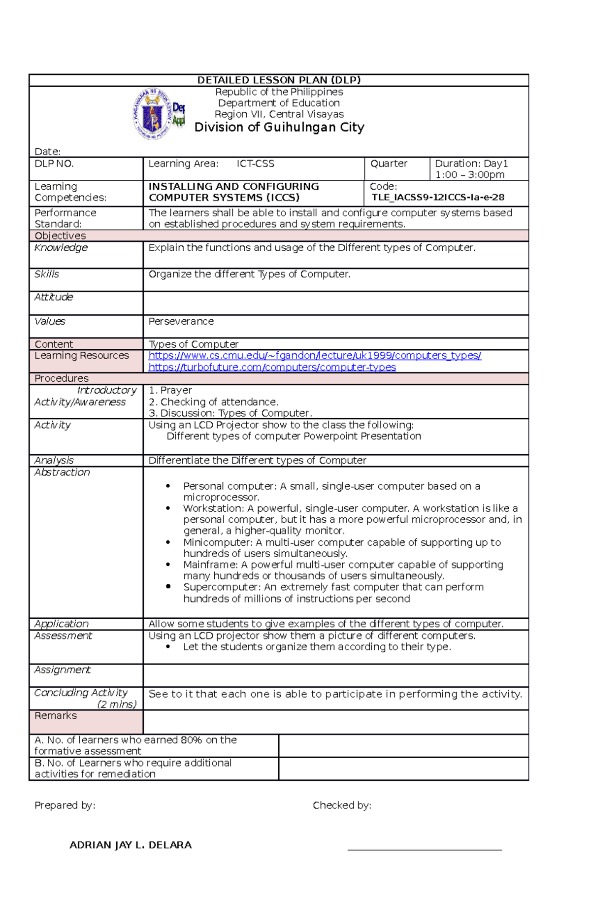 DLP Week 1: ICT Lesson Plans on Computer Systems Installation ...