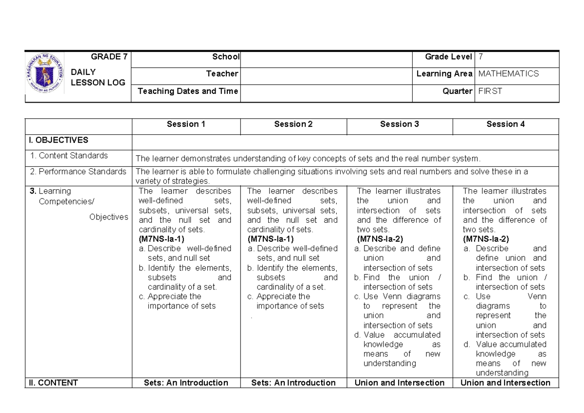 GRADE 7 MATHEMATICS - WEEK 1 LESSON PLAN: INTRODUCTION TO SETS - Studocu