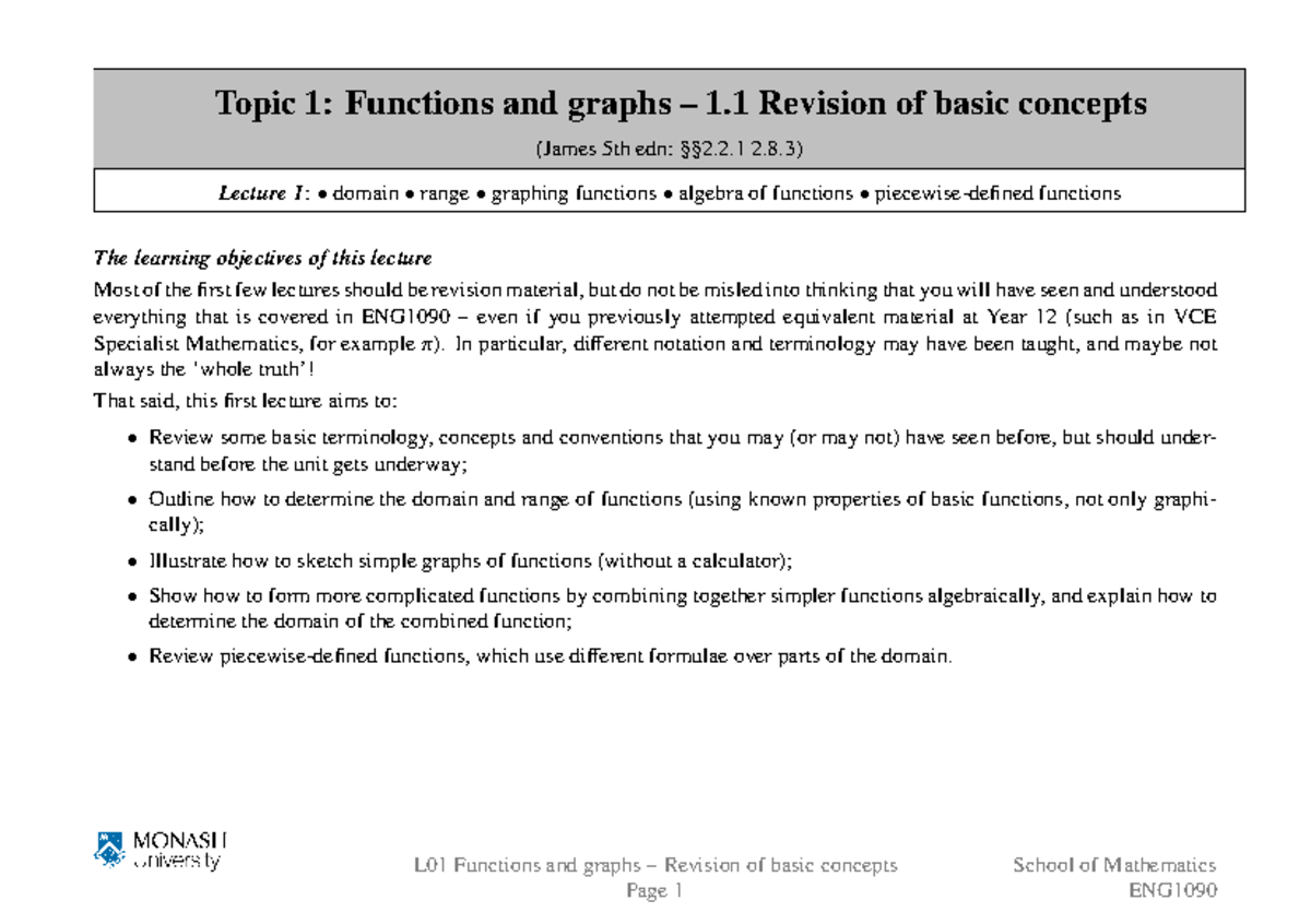 ENG1090 Lecture 1: Functions & Graphs - Basic Concepts Revision Notes ...
