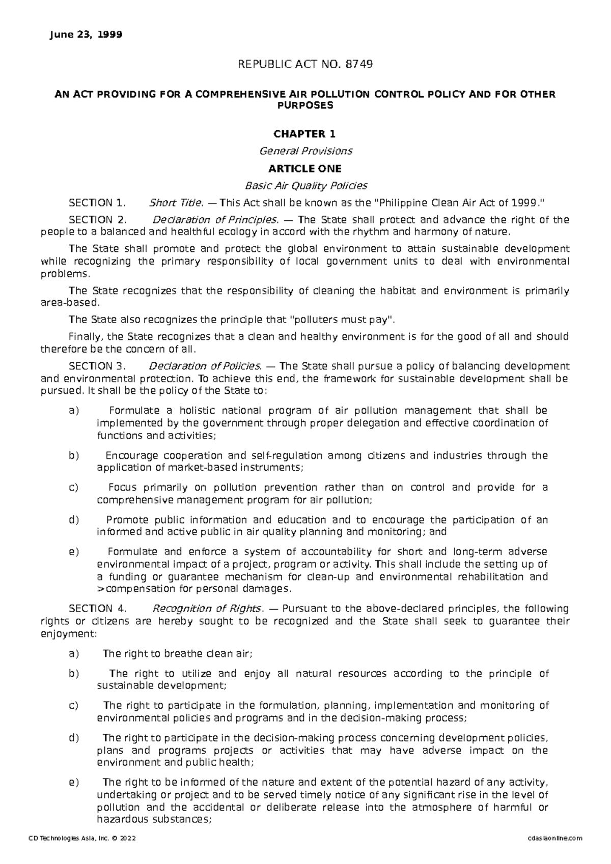Philippine Clean Air Act (RA 8749): Comprehensive Overview - Studocu