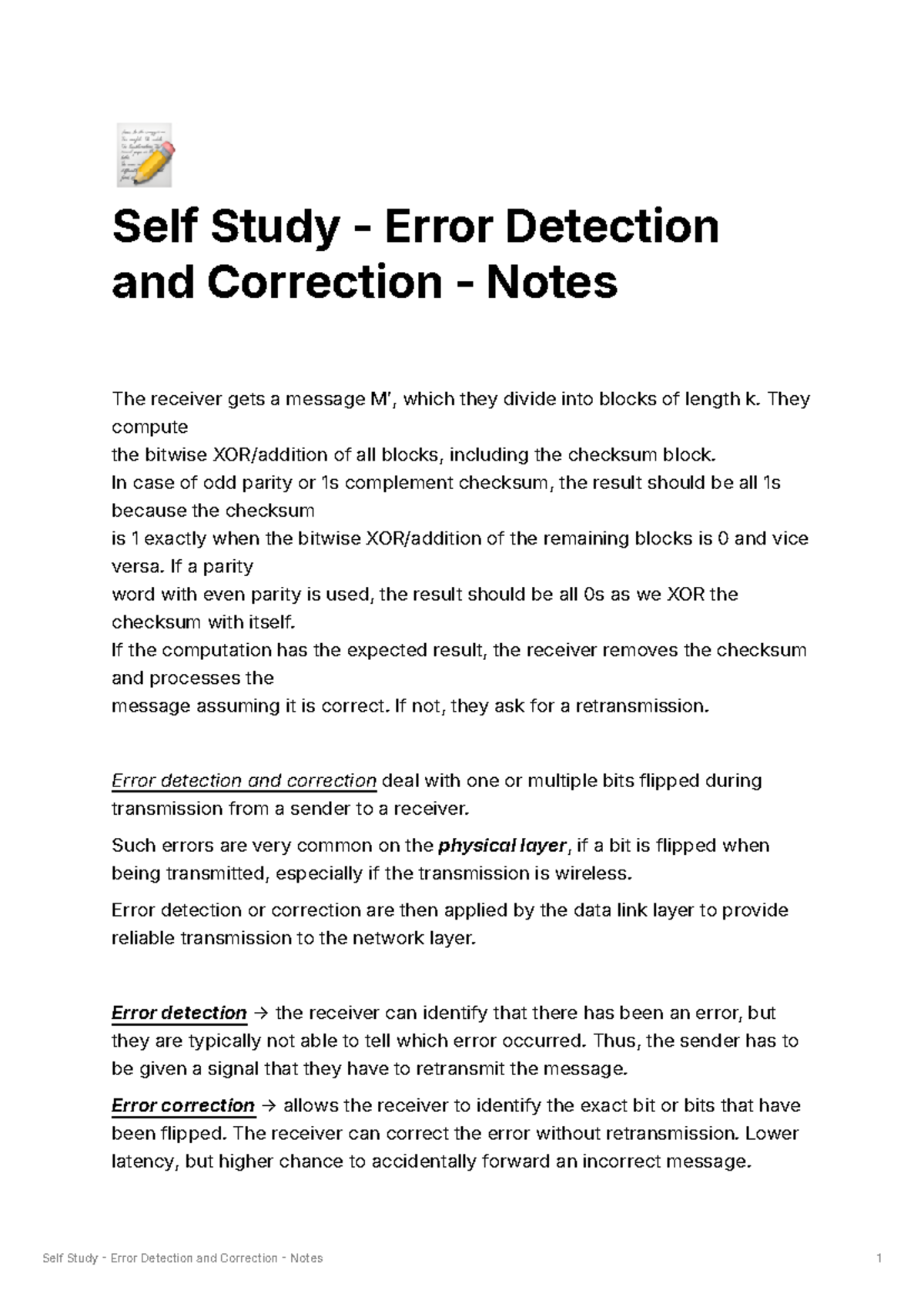 Self Study - Error Detection & Correction Summary Notes - Studeersnel
