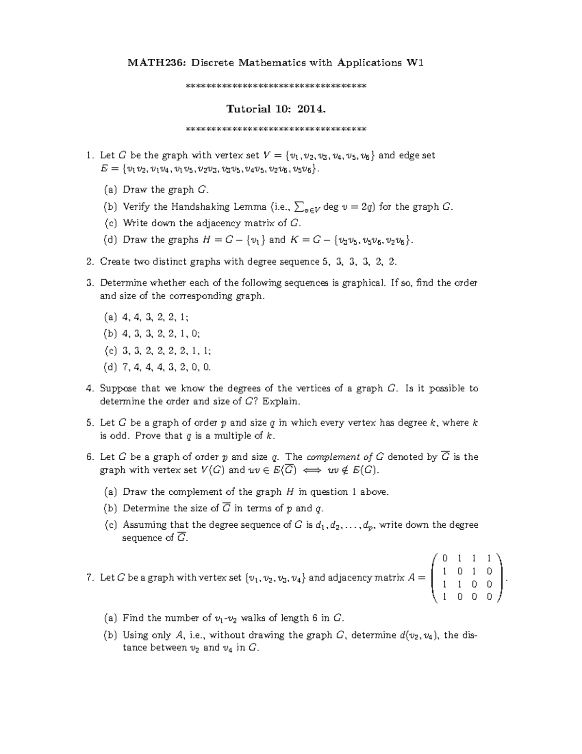 MATH236: Discrete Mathematics W1 Tutorial 10 - Graph Theory Concepts - Studocu