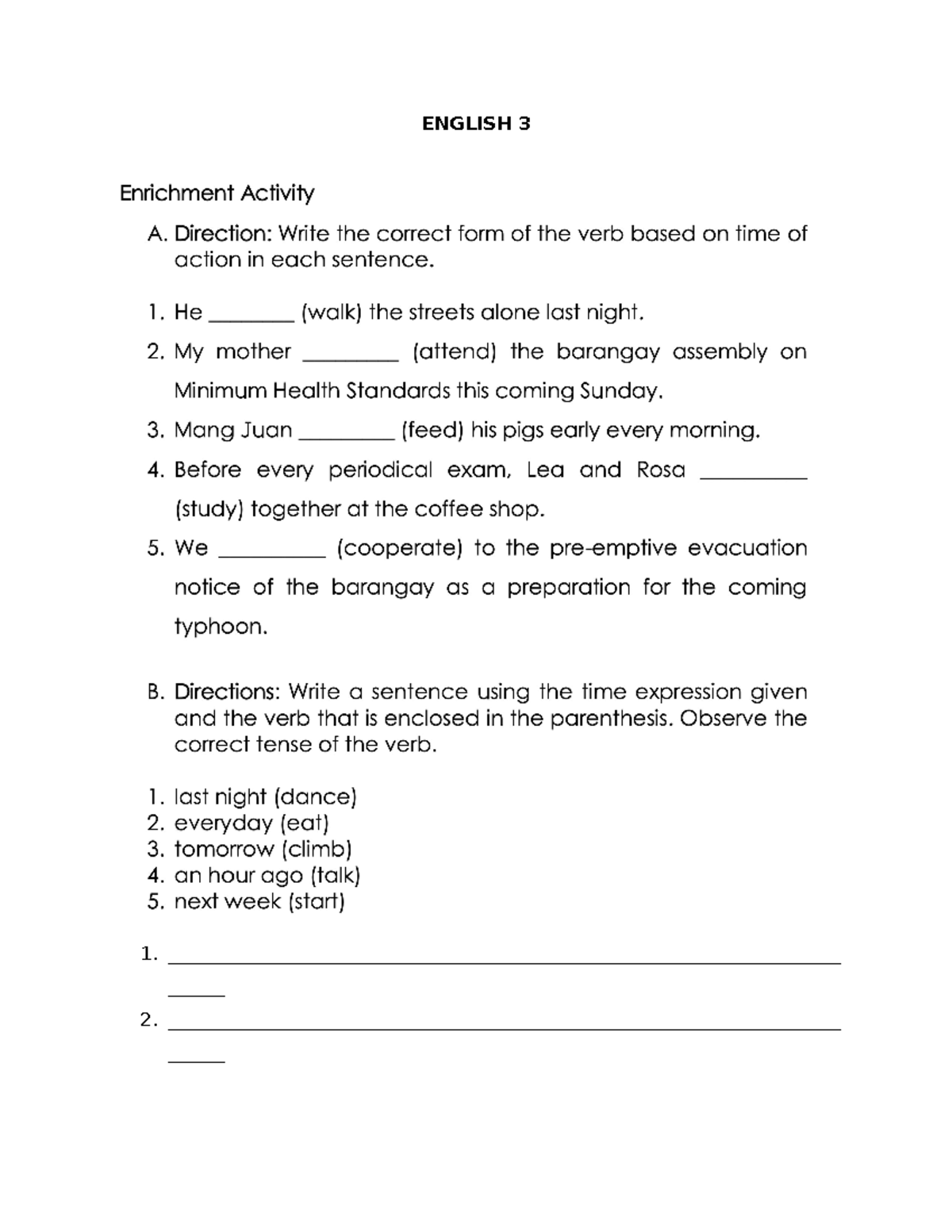 English 3 activity - ENGLISH 3 Enrichment Activity A. Direction: Write ...
