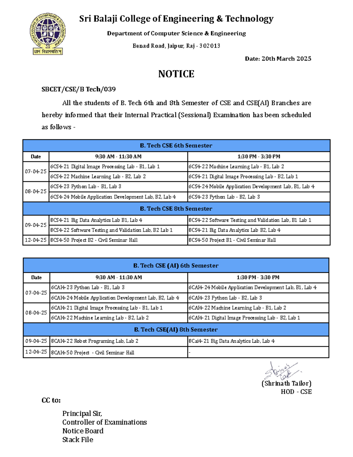 Tech CSE Internal Practical Exam Time Table for VI & VIII Sem - Mar ...