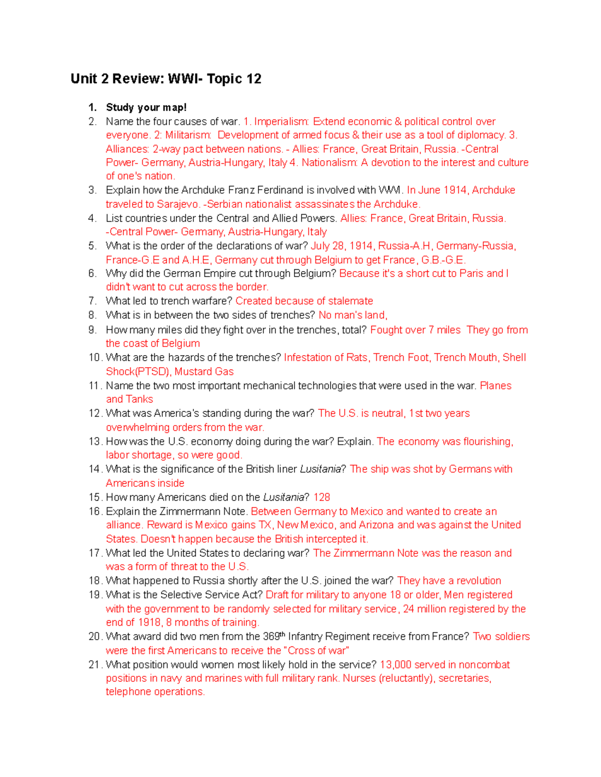 Unit 2 Review: WWI - Key Causes and Events Analysis - Studocu