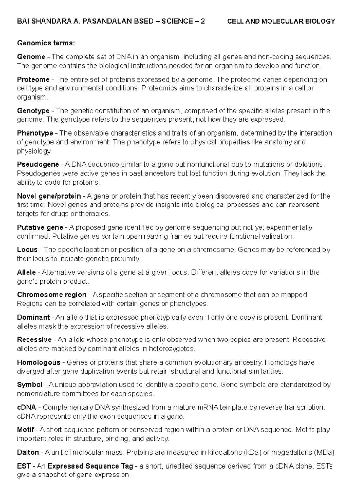 Genomics Terms for CELL AND MOLECULAR BIOLOGY (BSED-SC 2) - Studocu