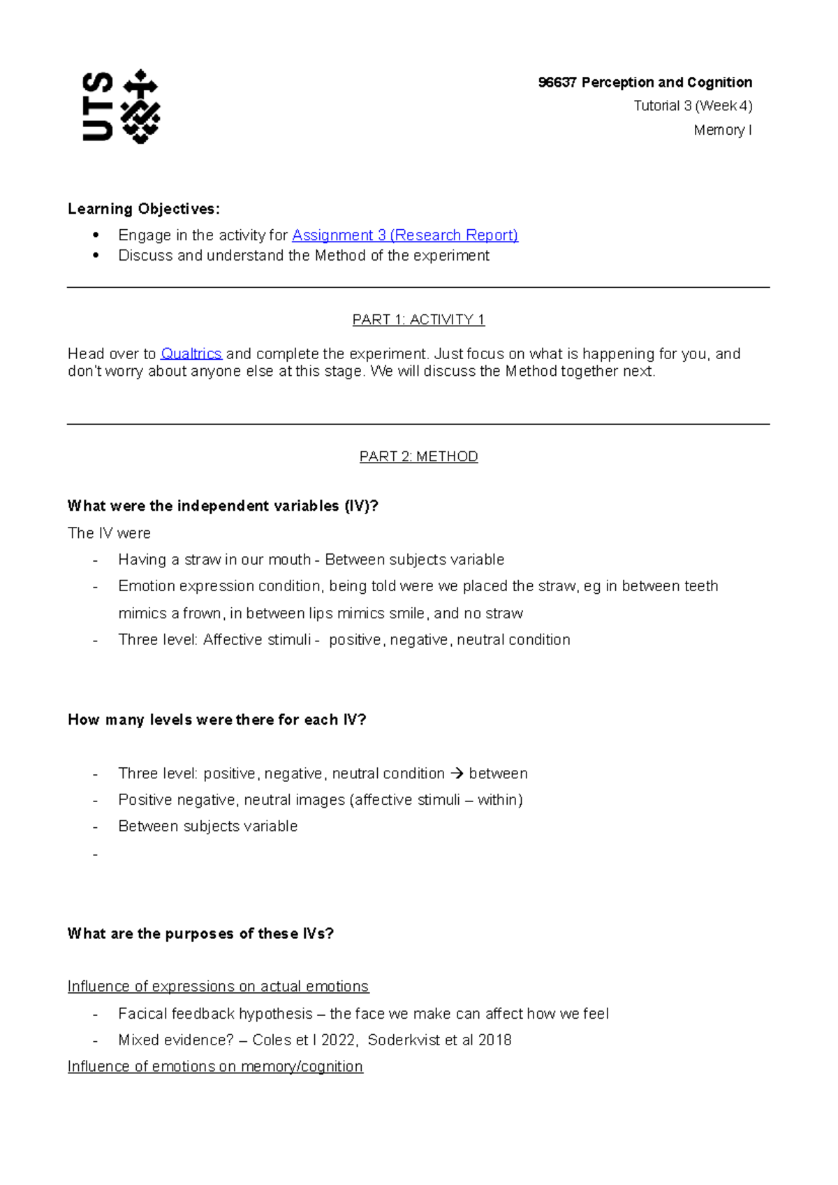 96637 Perception and Cognition Tutorial 3: Memory I Worksheet - Studocu