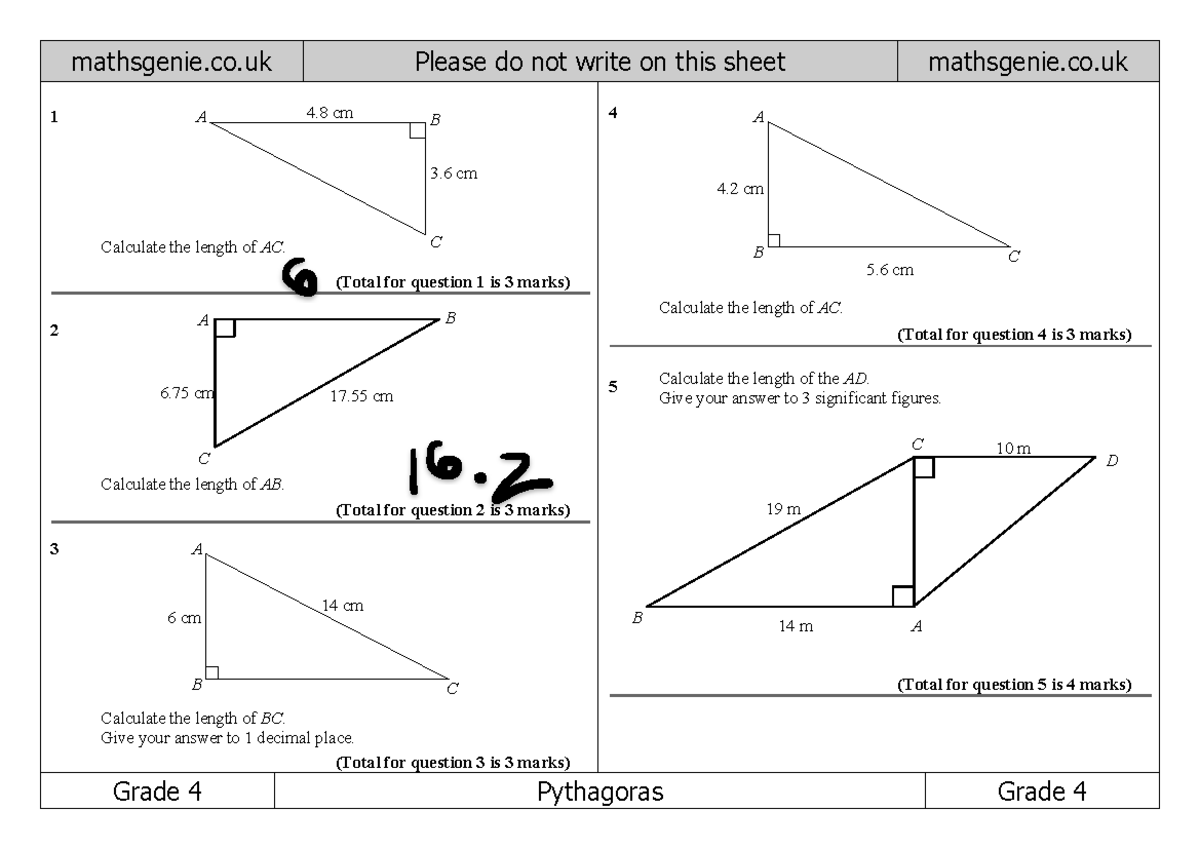 Pythagoras Questions GCSE - mathsgenie.co Grade 4 Pythagoras Grade 4 ...