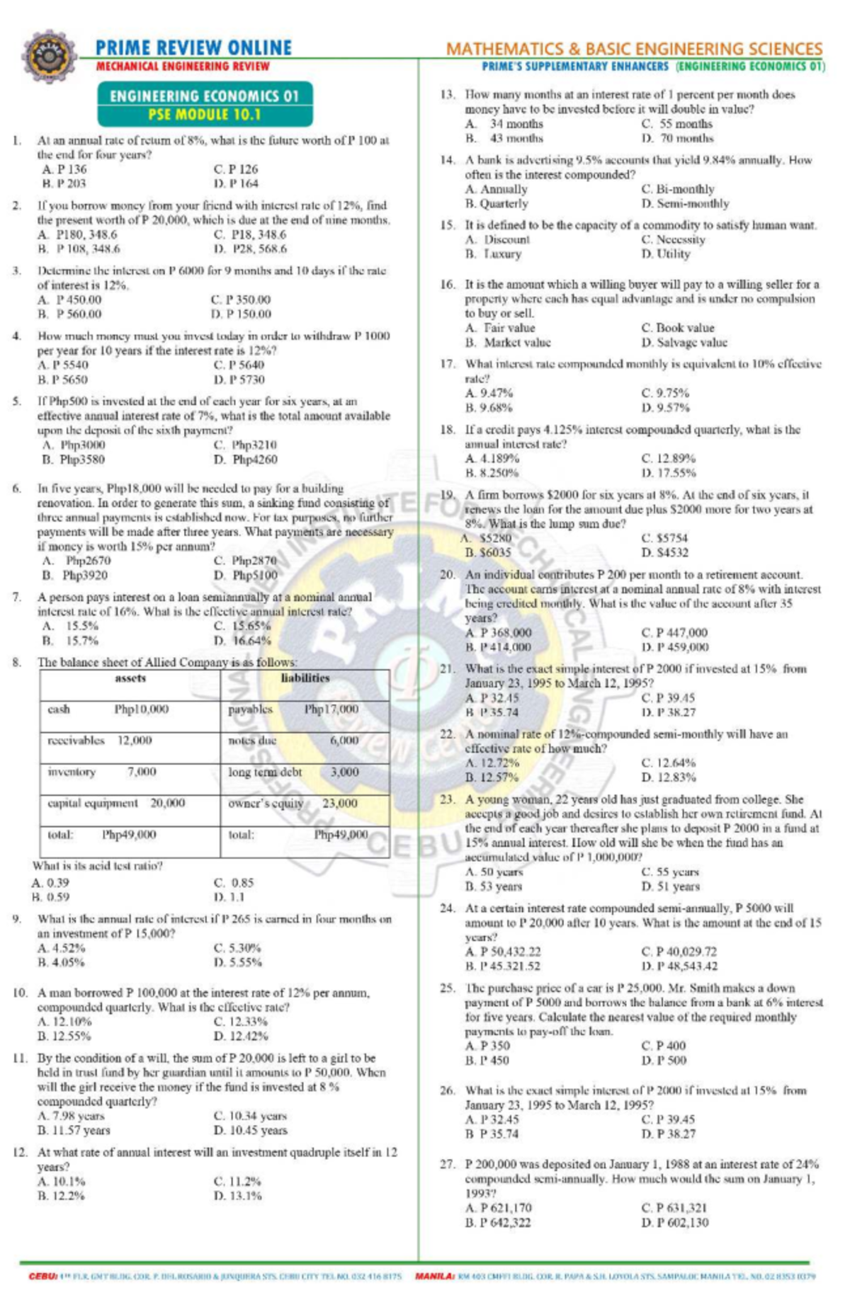 Engineering Economics 01: Comprehensive Review and Practice Questions ...