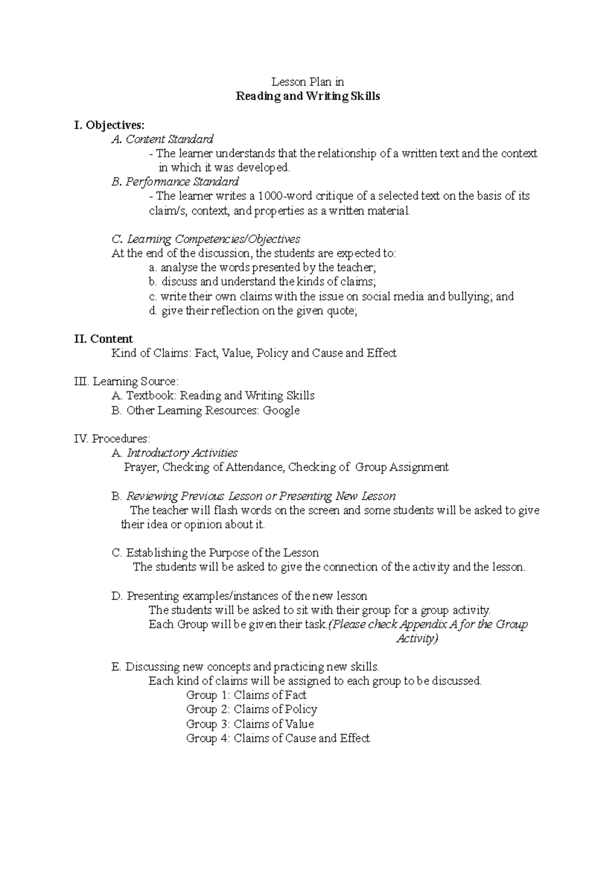 Lesson Plan: Analyzing Claims in Written Text (RWS 101) - Studocu