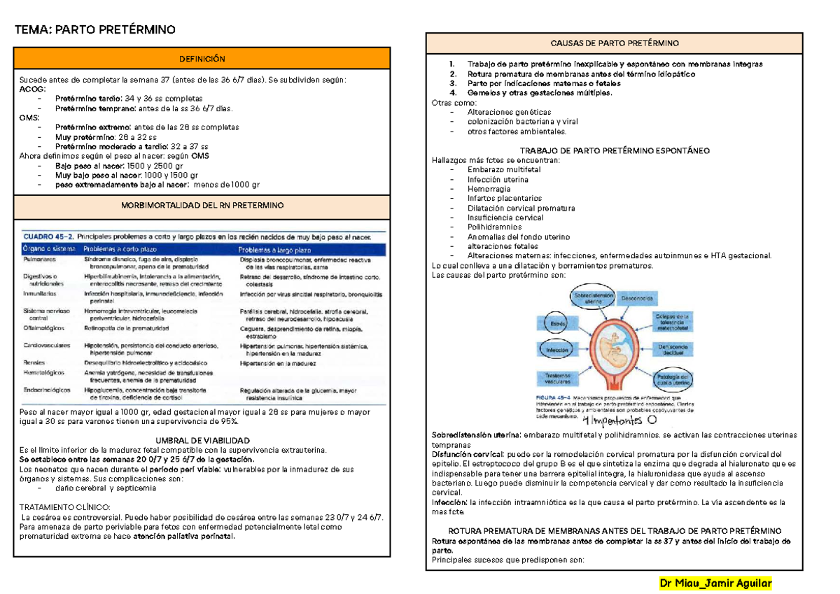 Parto Pretérmino: Causas, Complicaciones y Manejo Clínico - Studocu