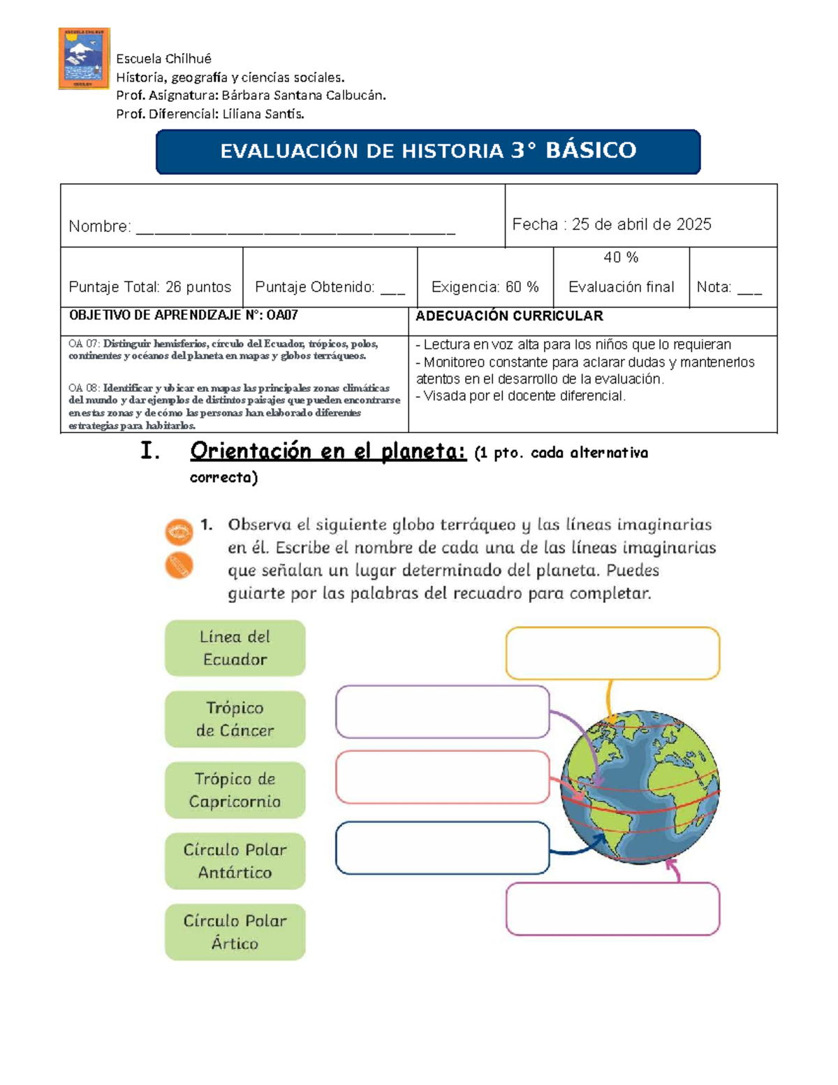 Evaluación unidad I Historia 3° Básico - Historia, geografía y ciencias ...