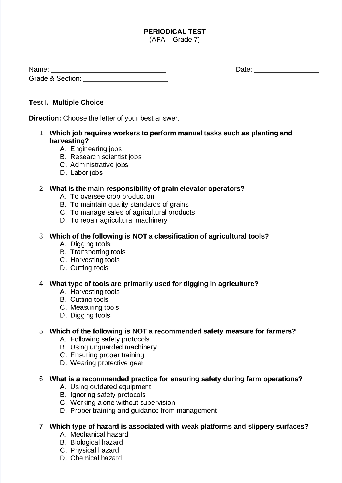 AFA Grade 7 Periodical Test Review and Exam Preparation Notes - Studocu