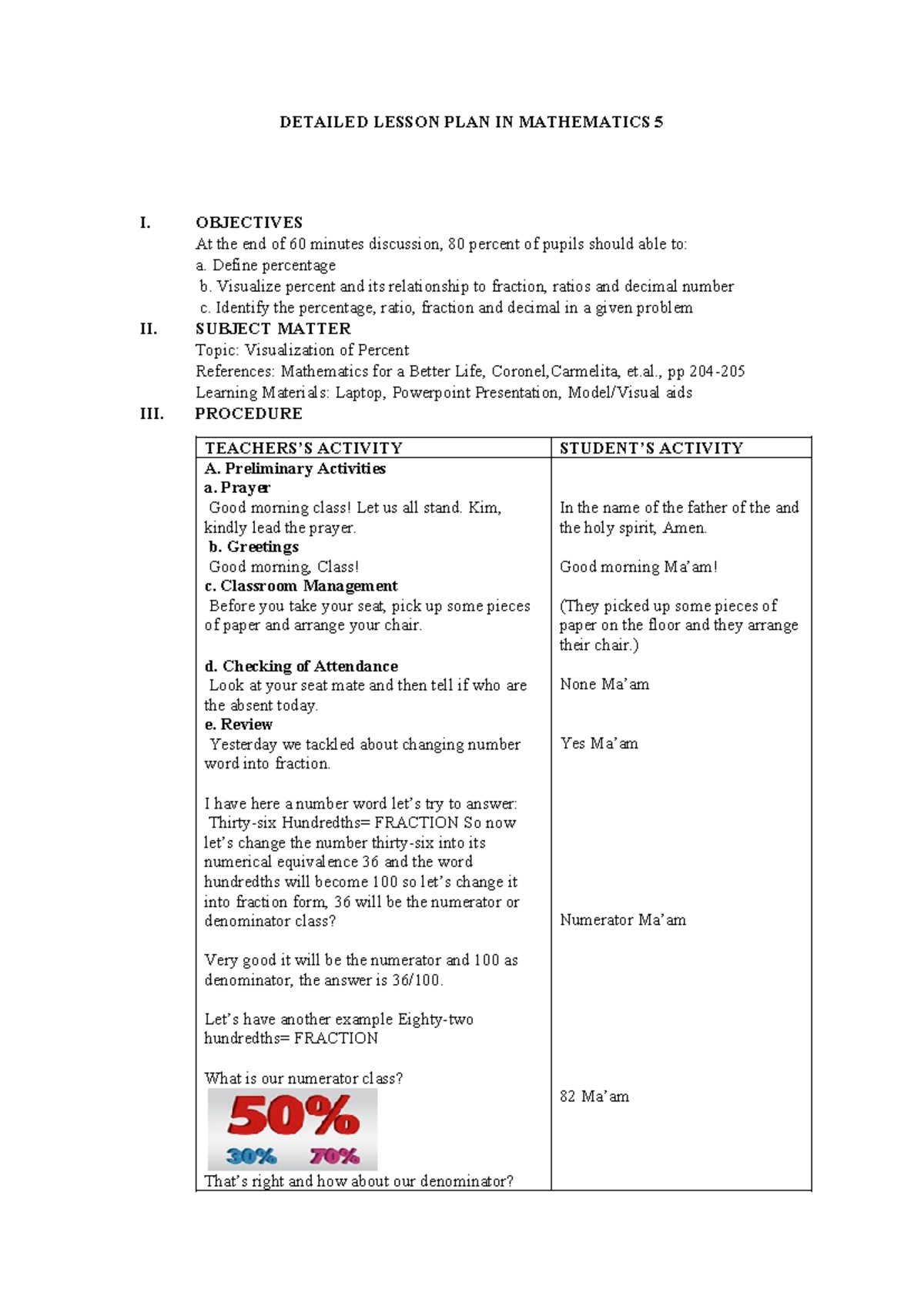 Detailed Lesson Plan in Mathematics 5: Understanding Percentages - Studocu