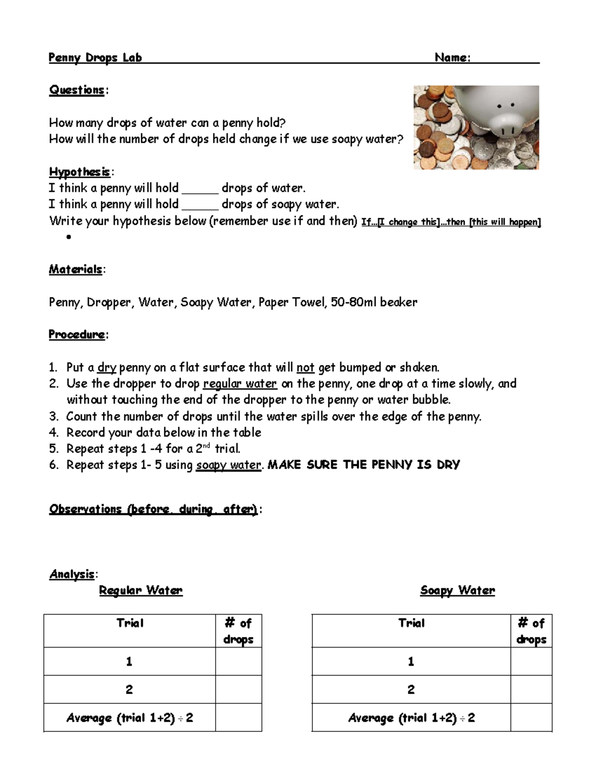 Lab 2 - Penny Drops Experiment: Water vs. Soapy Water - Studocu