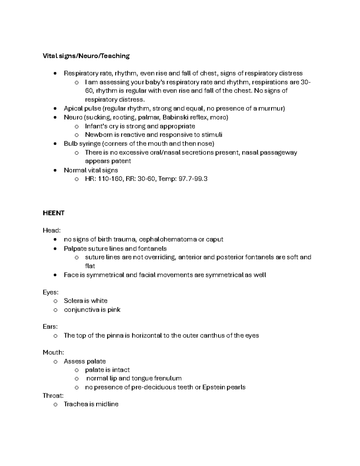 Newborn head to toe- 2 - New born head to toe CPE - Vital signs/Neuro ...