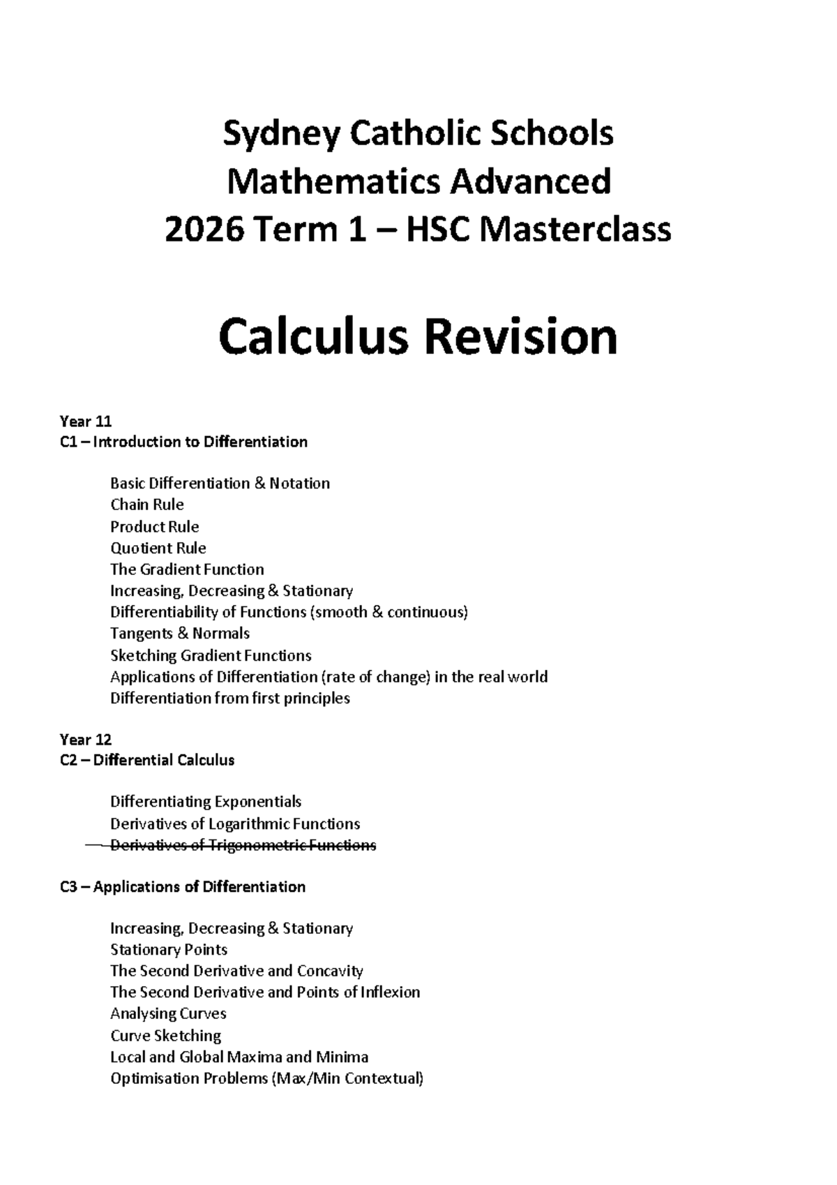 Mathematics Advanced 2026 Term 1 HSC Calculus Revision Notes - Studocu