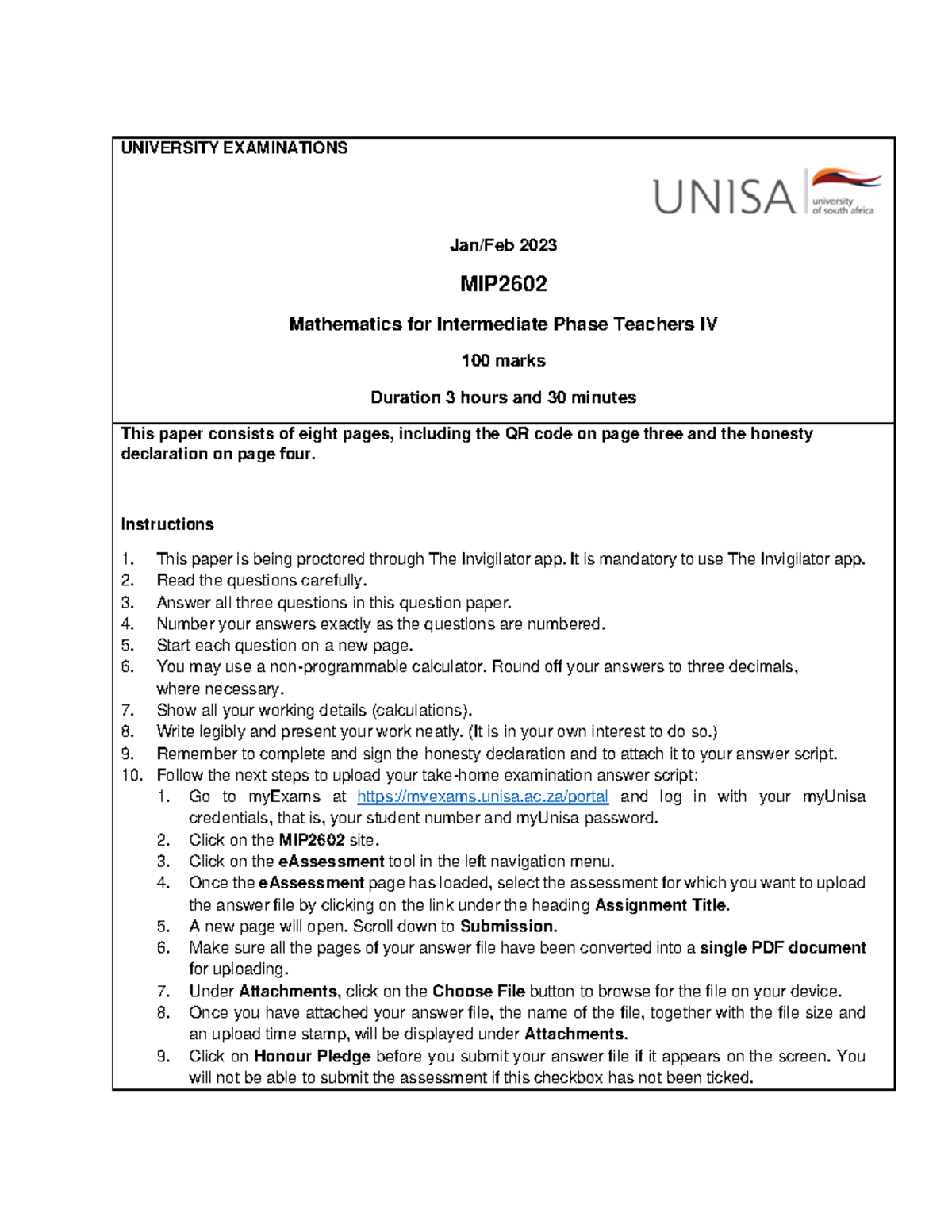 MIP2602 Final Exam Paper - Mathematics for Intermediate Phase Teachers ...