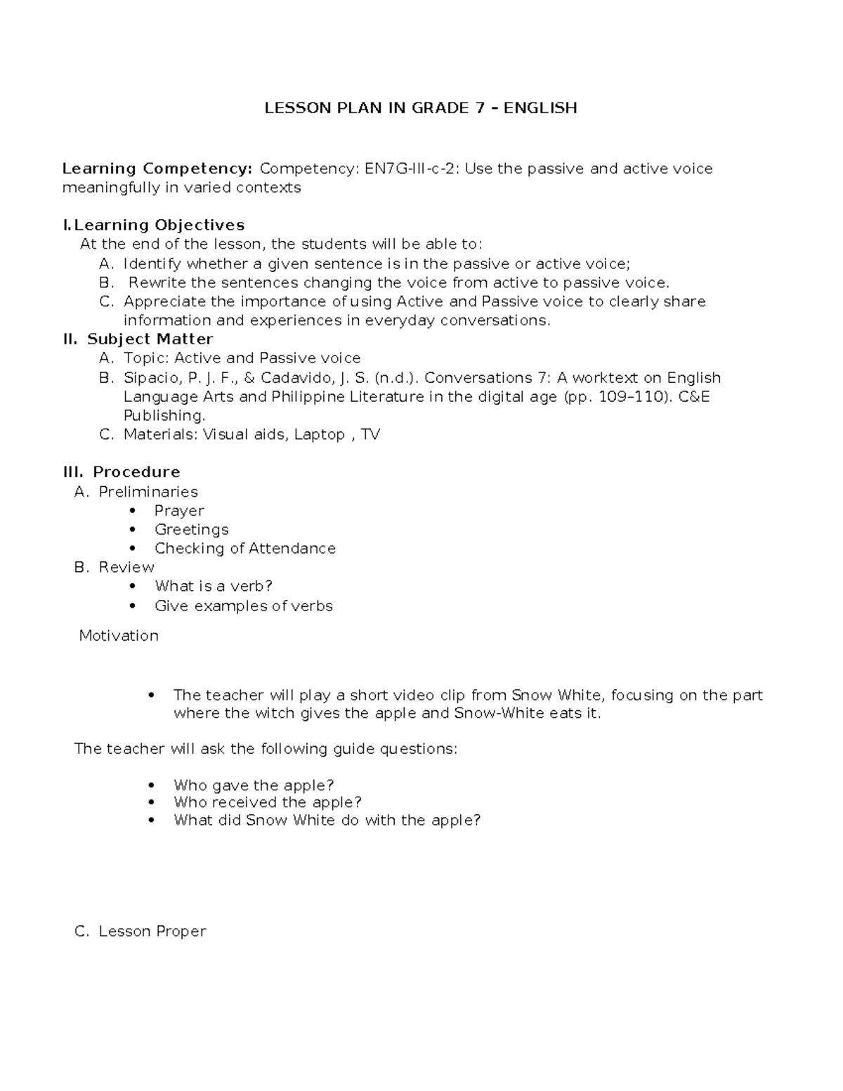 LESSON PLAN GRADE 7 ENGLISH: ACTIVE & PASSIVE VOICE - Studocu
