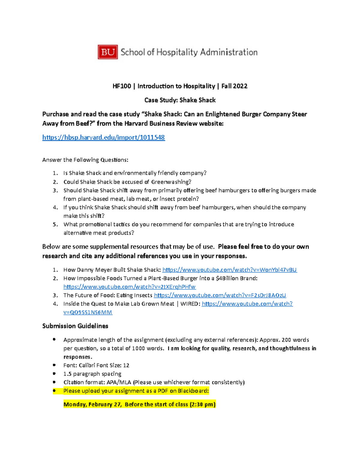 HF100 Shake Shack Case Study Spring 2023 - HF100 | Introduction to Hospitality | Fall 2022 Case ...