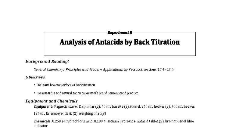 Exp 5 - Lab Manual: Back Titration of Antacids in General Chemistry ...