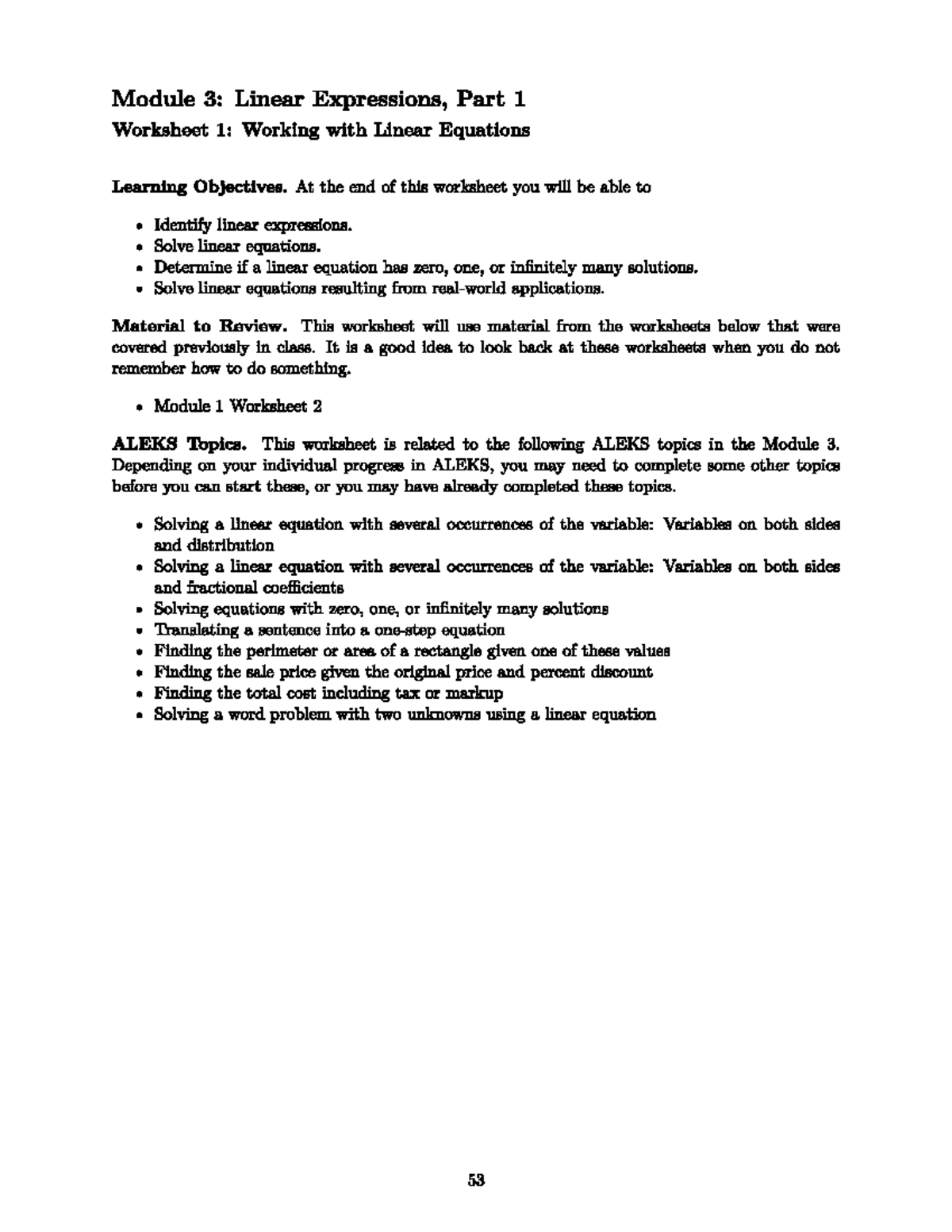 Module 3: Linear Expressions - Worksheet 1 on Linear Equations - Studocu