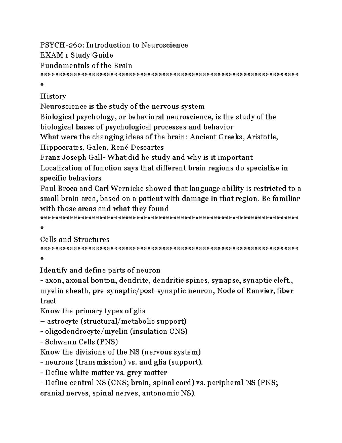 PSYCH-260: Exam 1 Study Guide on Neuroscience Fundamentals - Studocu