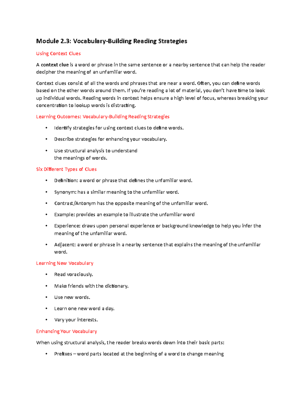 Module 2 - Vocabulary-Building Reading Strategies & Context Clues - Studocu
