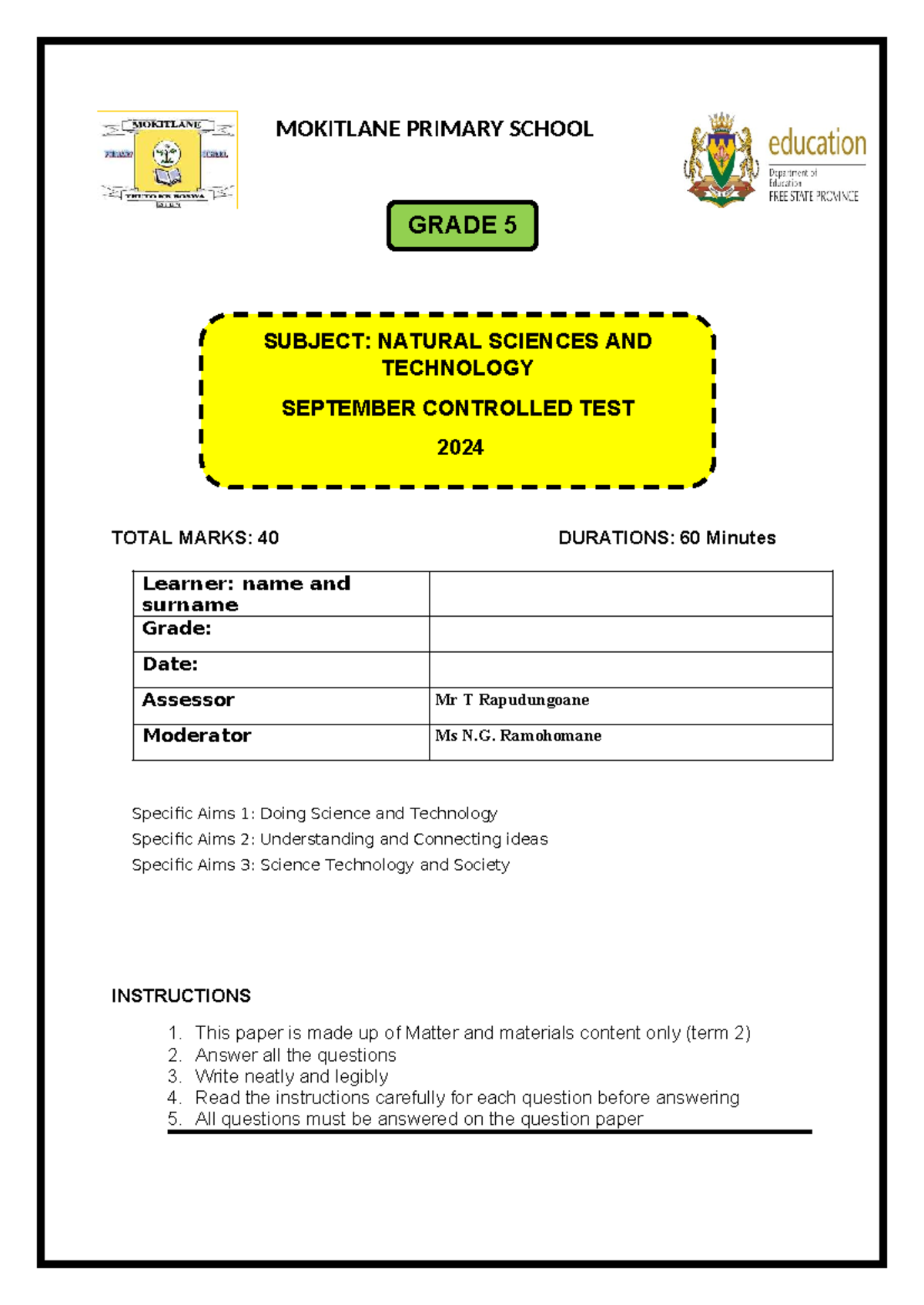 MOKITLANE PRIMARY SCHOOL GRADE 5 NATURAL SCIENCES & TECH SEPT 2024 ...